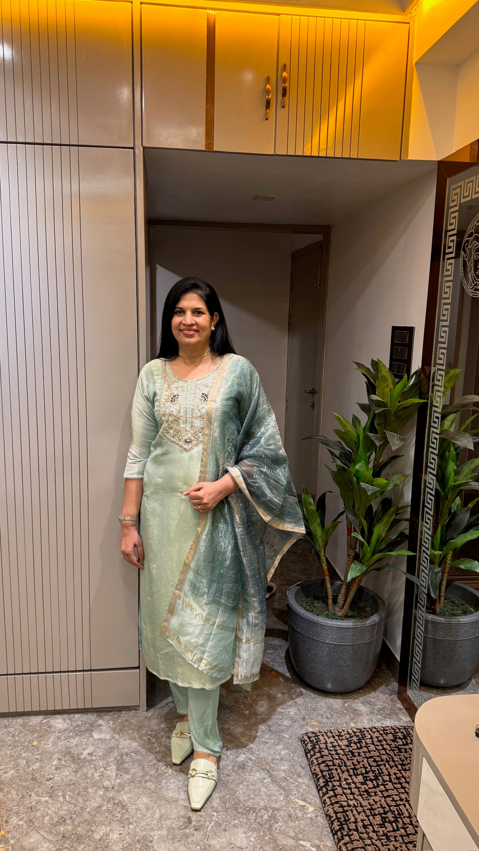 Pastel Green Tissue Silk Kurti | Elegant Embellished Ethnic Wear